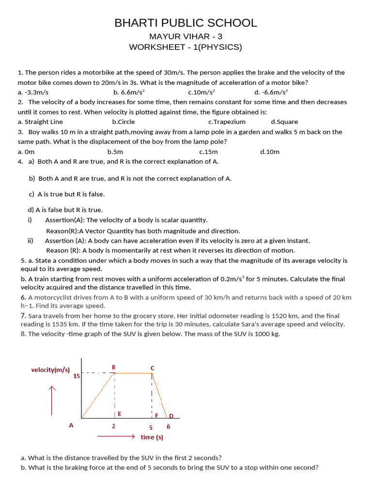Class 9th - Physics Worksheet-1 (Motion) | PDF | Velocity | Speed
