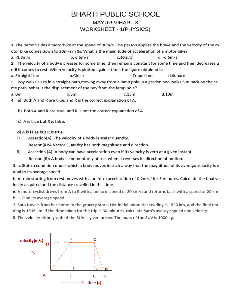 Class 9th - Physics Worksheet-1 (Motion) | PDF | Velocity | Speed