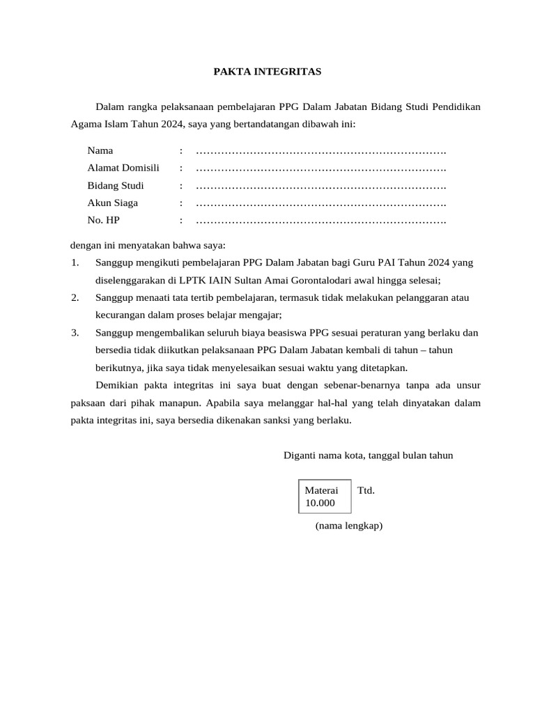 Format Pakta Integritas PPG DALJAB 2024 | PDF