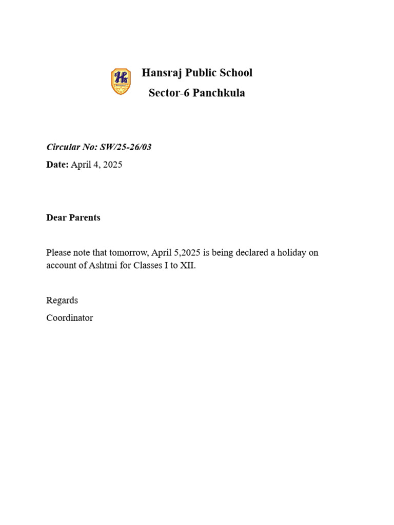 Hansraj Public School Sector-6 Panchkula: Circular No: SW/25-26/03 | PDF