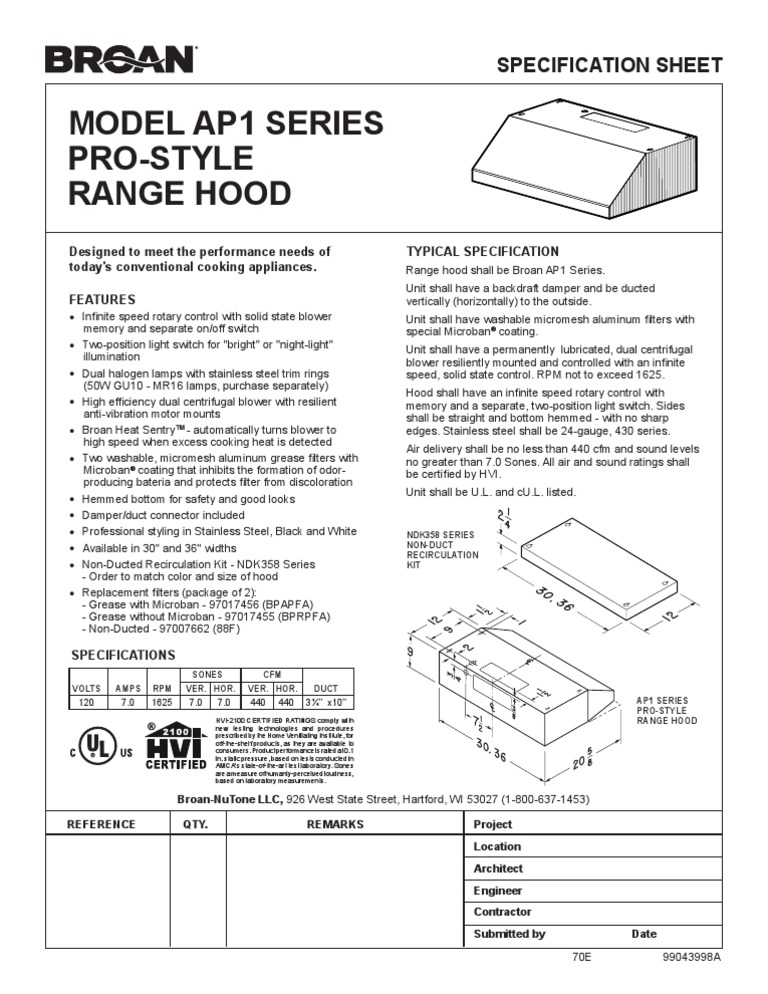 Model Ap1 Series Pro-Style Range Hood: Specification Sheet | PDF ...