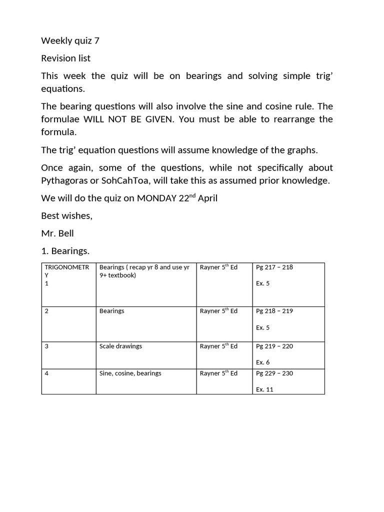 Weekly Quiz on Bearings and Trigonometry | PDF
