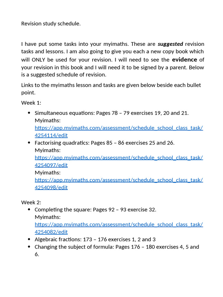 Revision Study Schedule | PDF