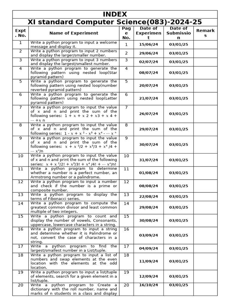 INDEX PAGE - XI - STD - JOURNAL 2024 25 | PDF | Elementary Mathematics | Computer Programming