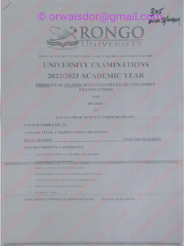 3.2 - Che 322 (Coordination Chemistry) Past Paper | PDF