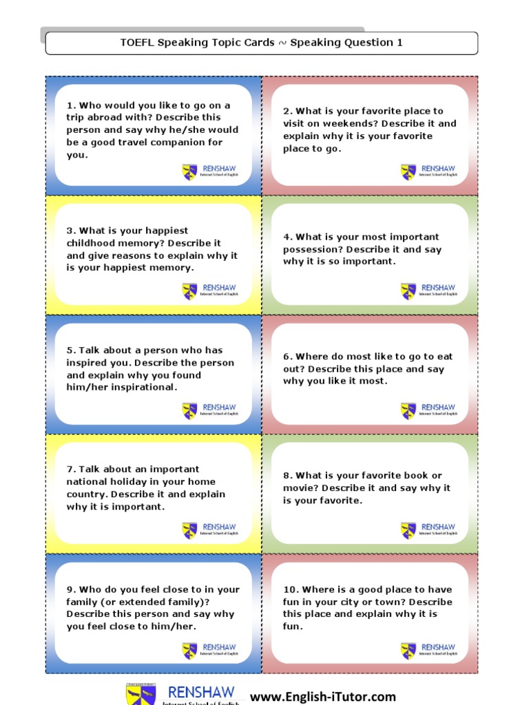 TOEFL Speaking Cards Question 1 Color-coded