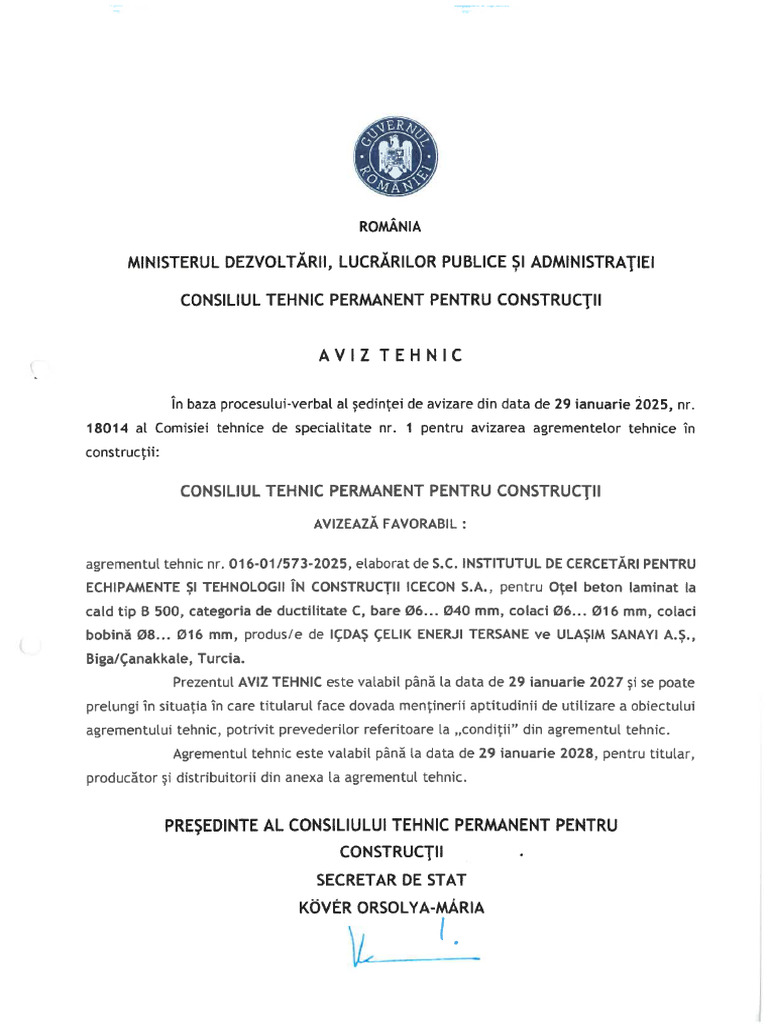 ICDAS CELIK - Agrement Tehnic 016-01573-2025+aviz Tehnic Valabil Pana La Data de 29.01.2027 | PDF