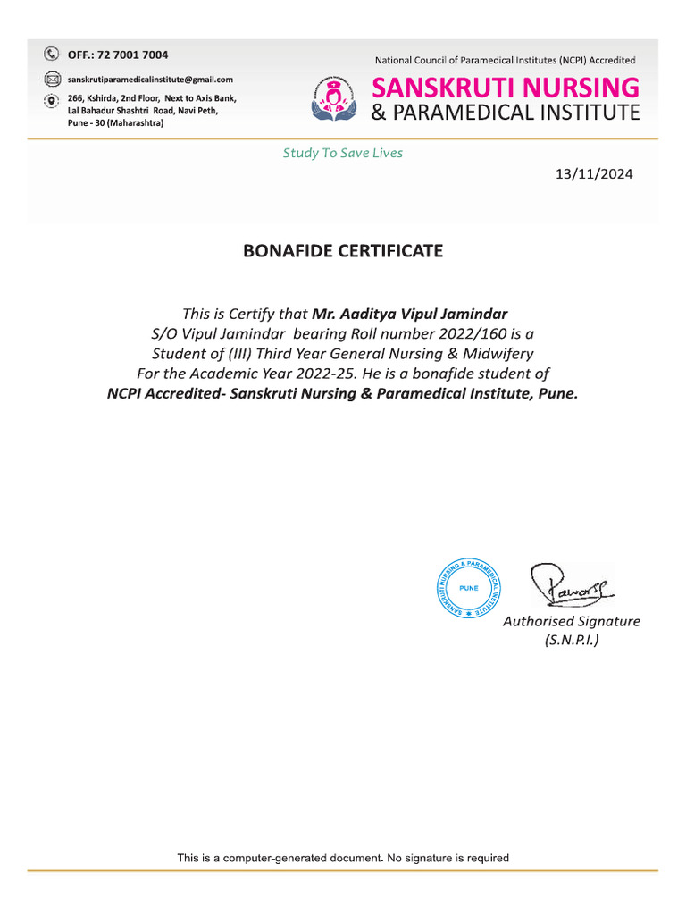 Bonafied Certificate Aditya | PDF