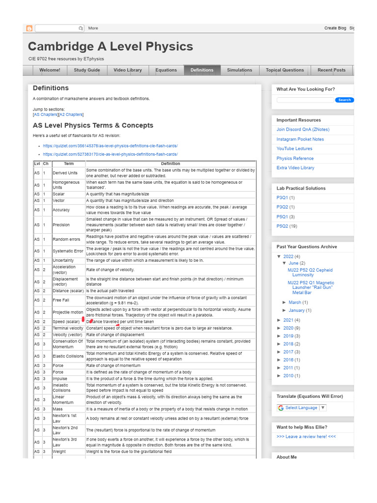 Cambridge A Level Physics - Definitions | PDF | Force | Momentum