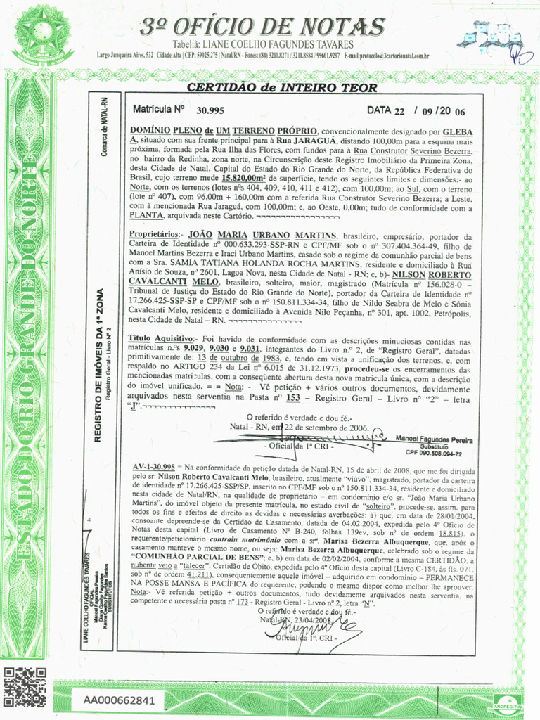 Certidao inteiro teor - 3º ofício de notas | PDF