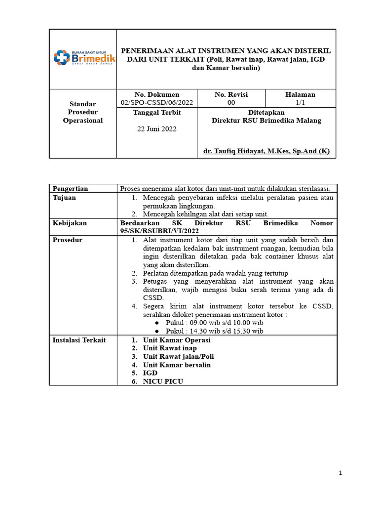 02. SOP PENERIMAAN ALAT INSTRUMEN YANG AKAN DISTERIL DARI UNIT TERKAIT ...