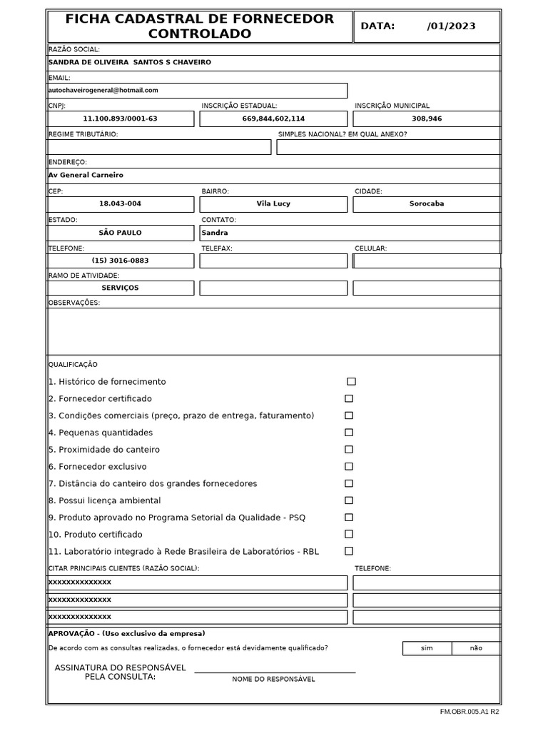 Ficha Cadastral de Fornecedor Controlado - SMART CLEAN | PDF