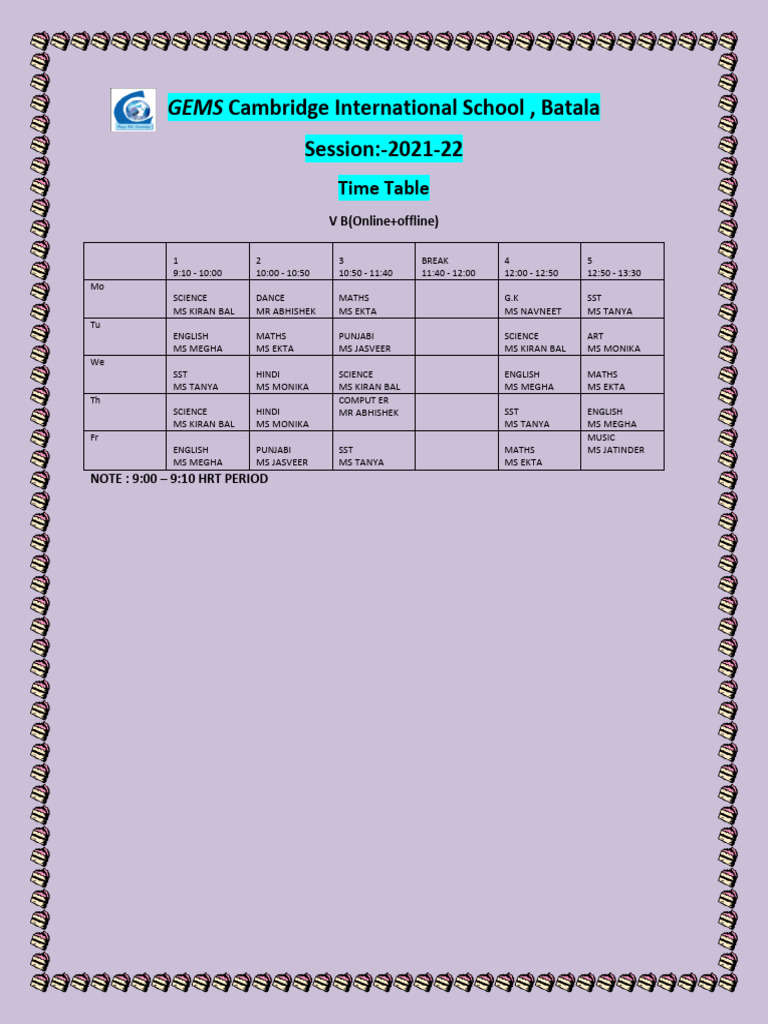 GEMS Cambridge School Batala Timetable 2021-22 | PDF