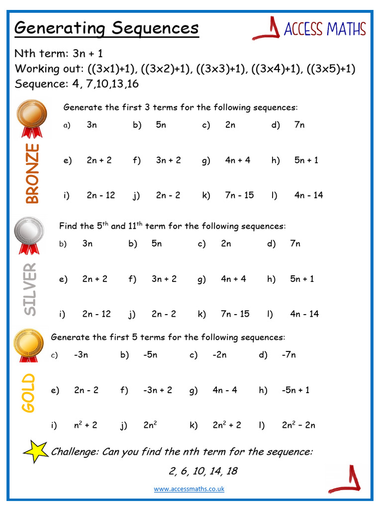 Generating Sequences Gold Silver Bronze Worksheet (1) | PDF