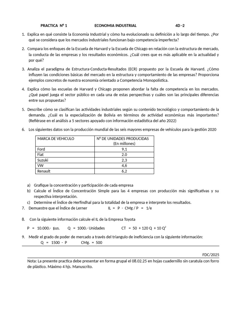 Practica 1 Eco Ind 2025 | PDF | Mercado (economía) | Economias