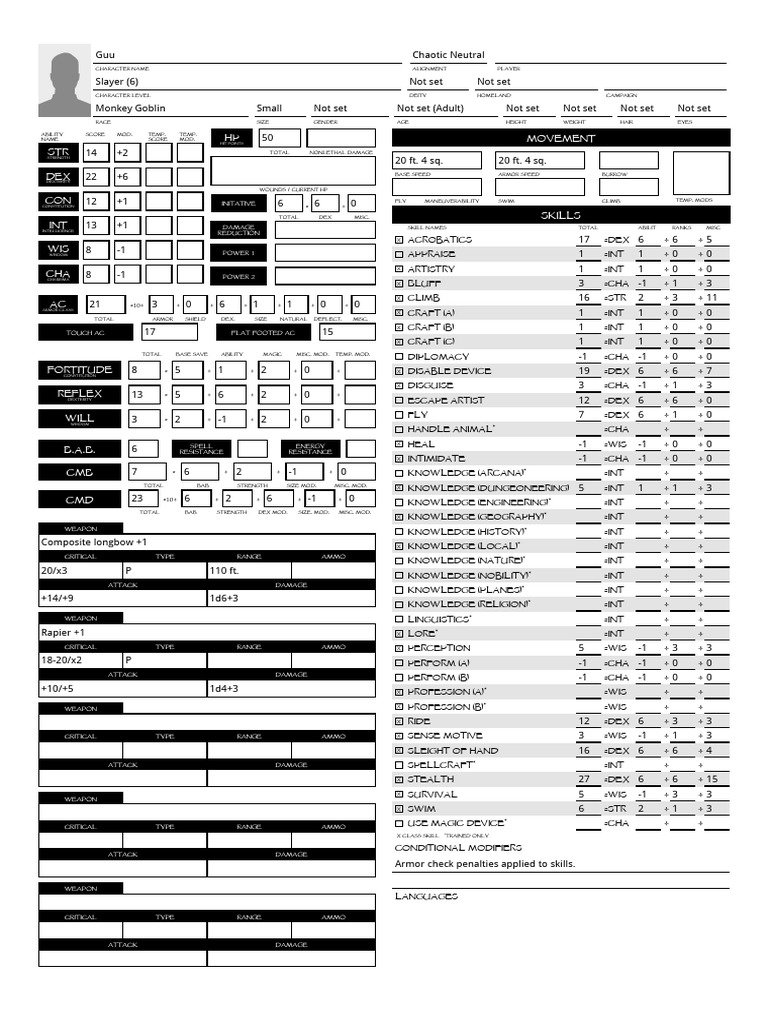 Monkey Goblin Slayer Character Sheet | PDF | D20 System | Role Playing ...