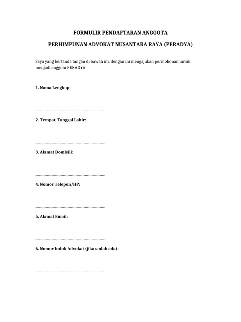 Formulir Pendaftaran Anggota PERADYA | PDF