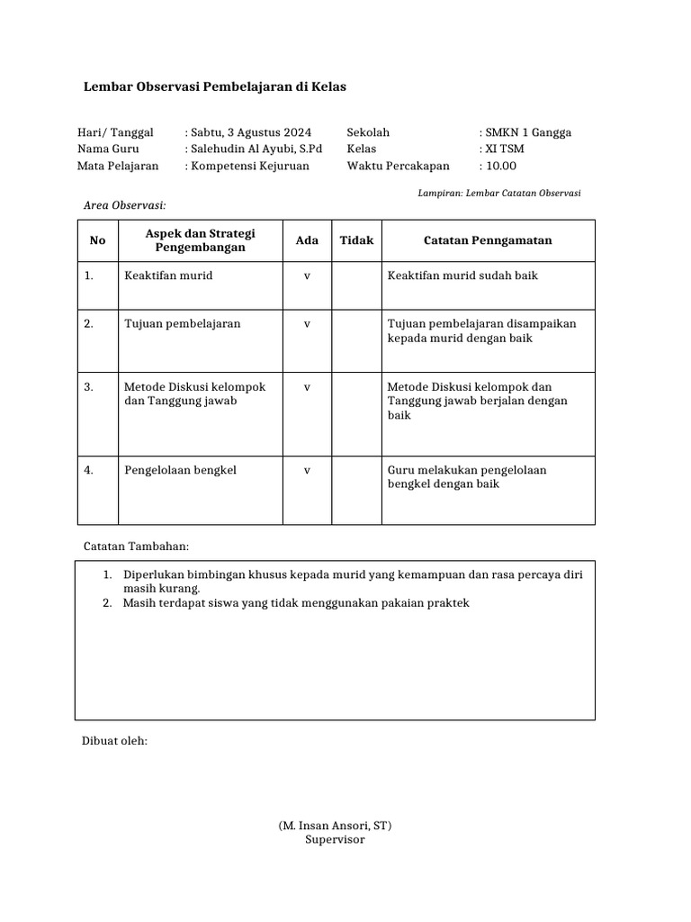 2 - Lembar Observasi Pembelajaran Di Kelas | PDF