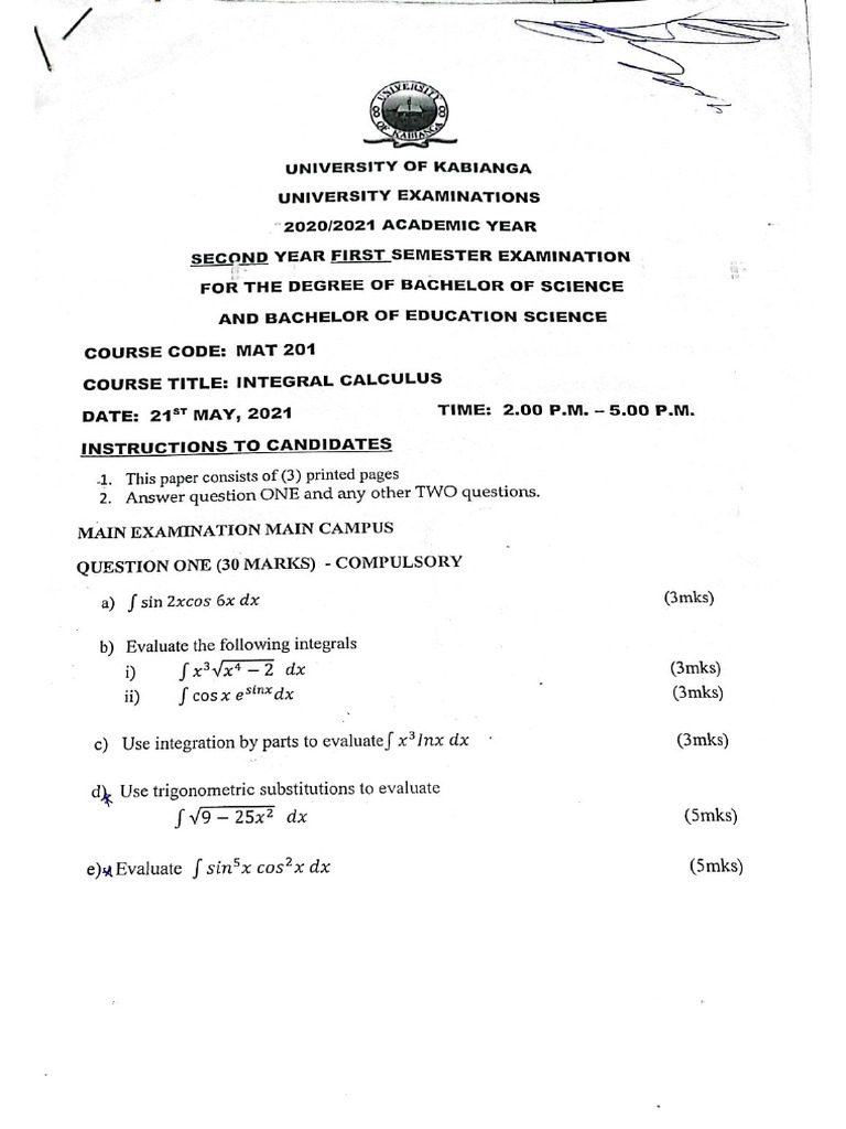 Mat201 Integral Calculus Past Papers | PDF