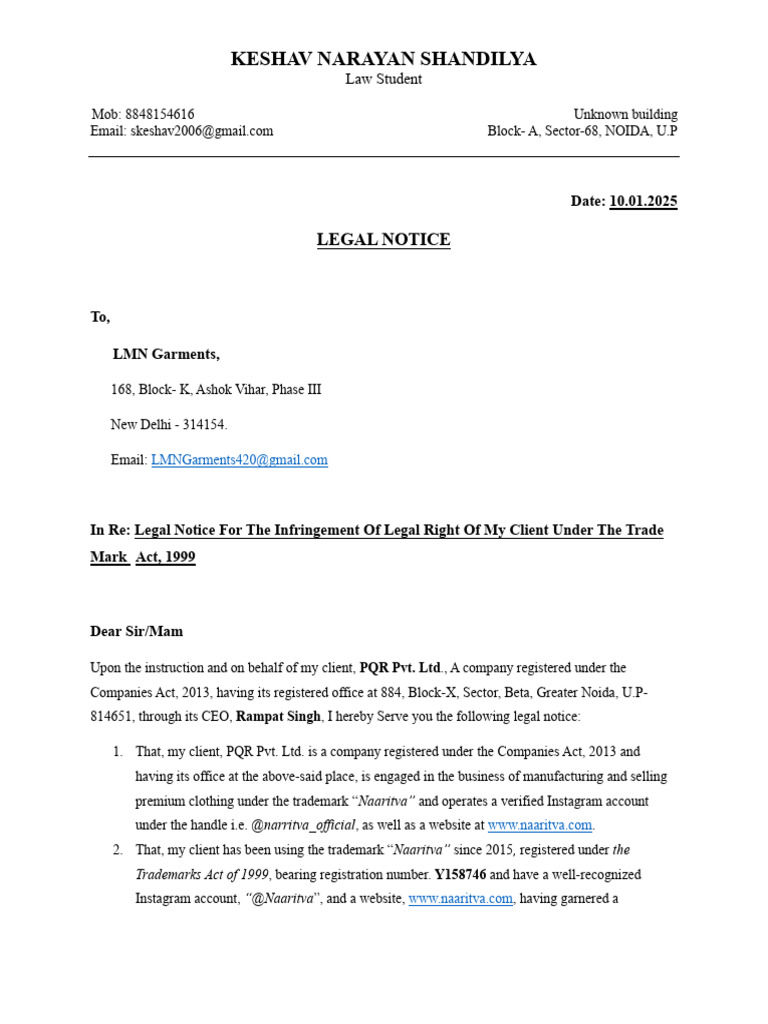 Legal Notice: Trademark Infringement Claim | PDF | Trademark | Common Law