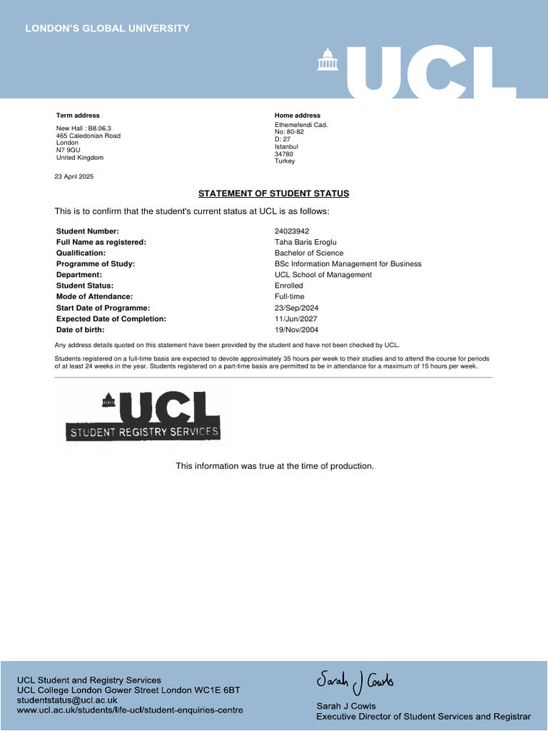 UCL Student Status Confirmation | PDF