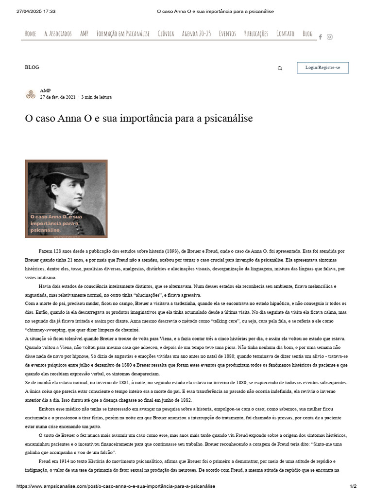 O Caso Anna O e Sua Importância para A Psicanálise | PDF | Sigmund ...