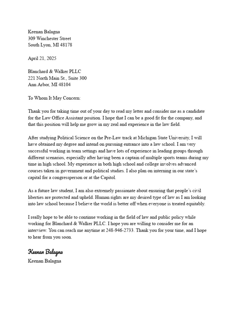 Cover Letter Keenan Balagna | PDF
