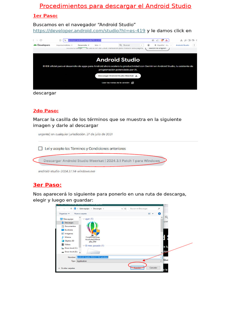 Procedimientos para descargar el Android Studio | PDF