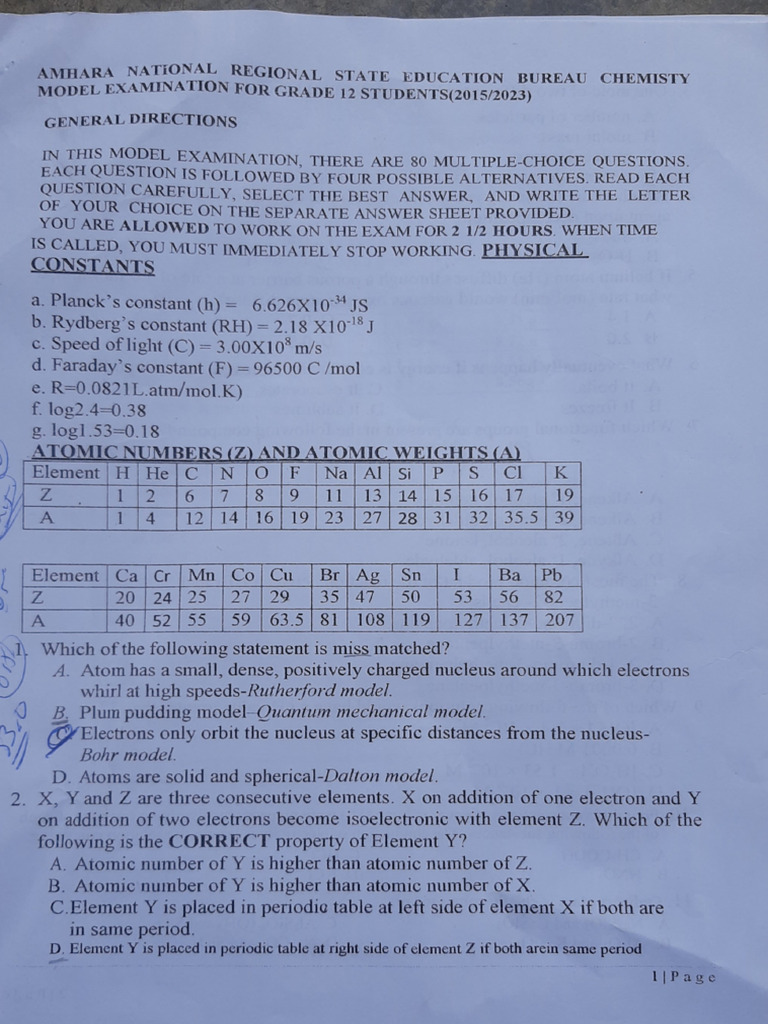 Chemistry Model Exam 2015 | PDF