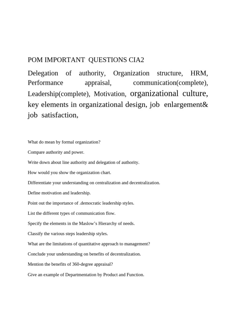 Pom Important Questions Cia2 | PDF