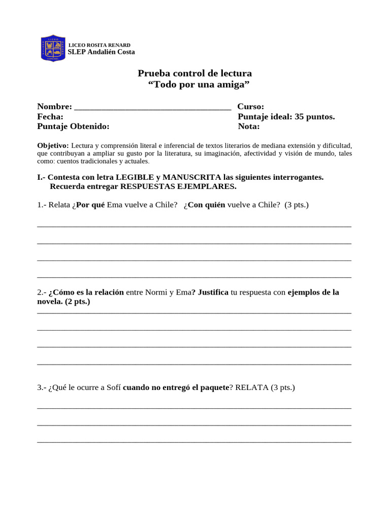 Prueba de lectura: "Todo por una amiga" | PDF