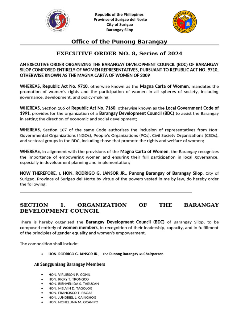 Women's Barangay Development Council Order | PDF | Justice | Crime ...