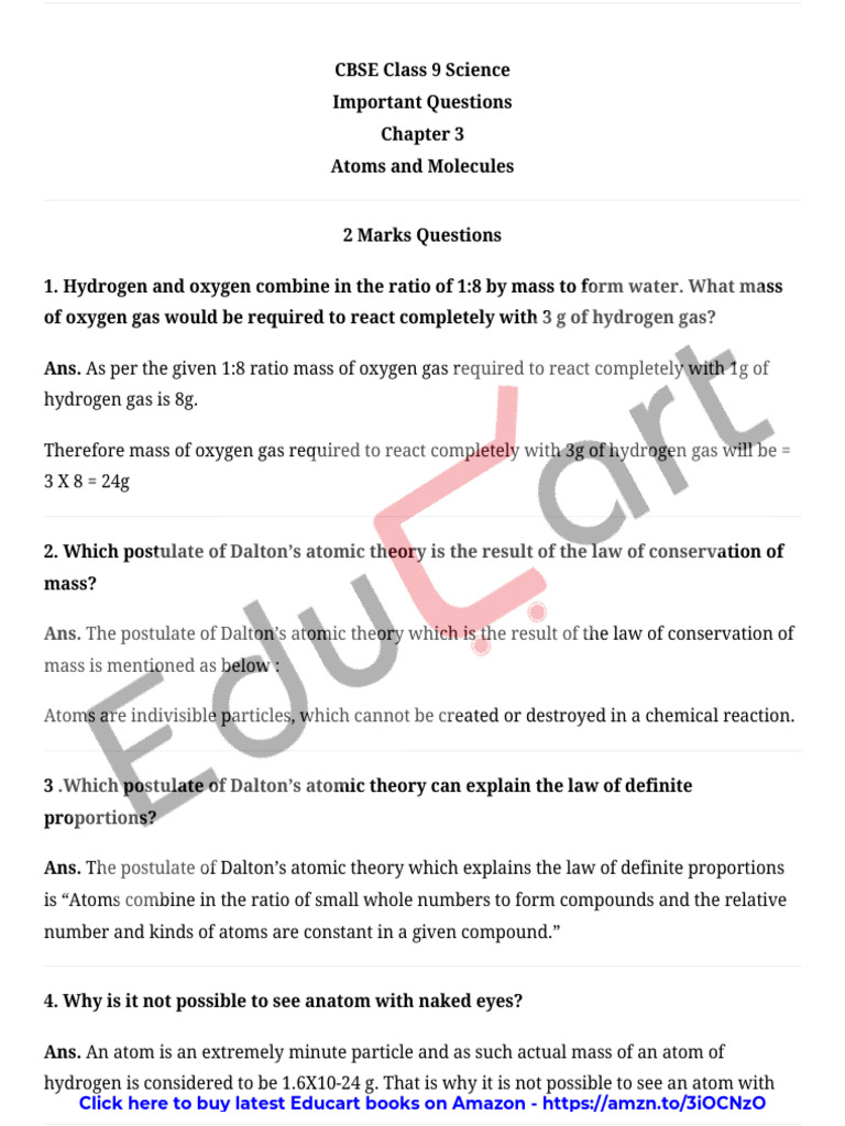 2 Marks (Atoms and Molecules) | PDF | Atoms | Neutron