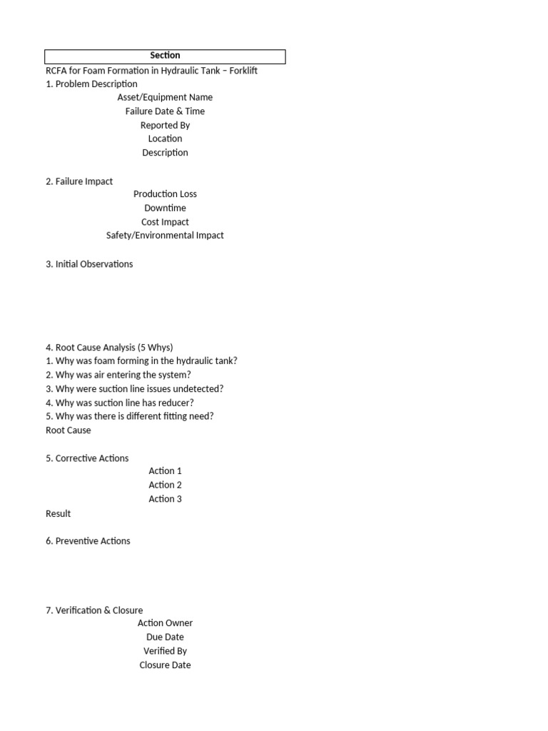 RCFA: Foam in Hydraulic Tank Forklift | PDF