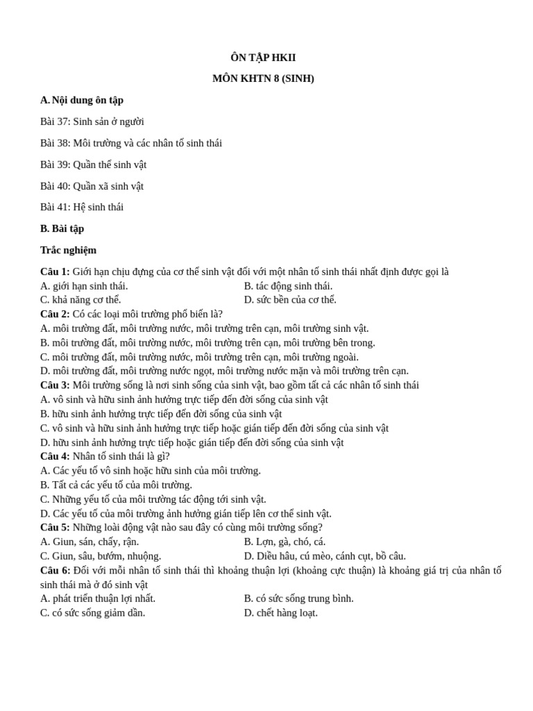 BÀI TẬP HKII MÔN KHTN 8 (SINH) | PDF