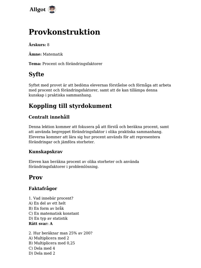 Prov. Åk. 8. Matematik - Procent Och Förändringsfaktorer | PDF