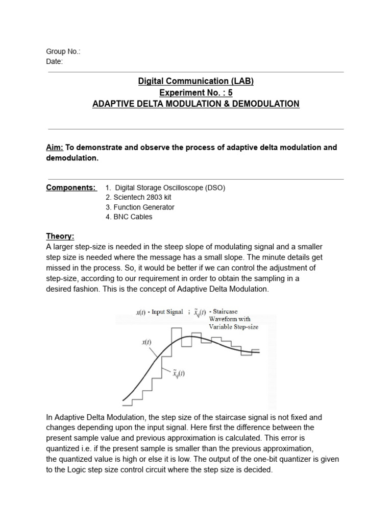 Experiment 5 - Adaptive Delta Modulation | PDF | Sampling (Signal Processing) | Modulation