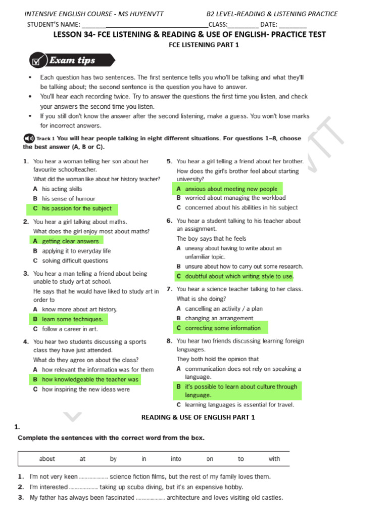 B2 Level - Lesson 34 - Fce Listening-Reading Practice Test-Key For ...