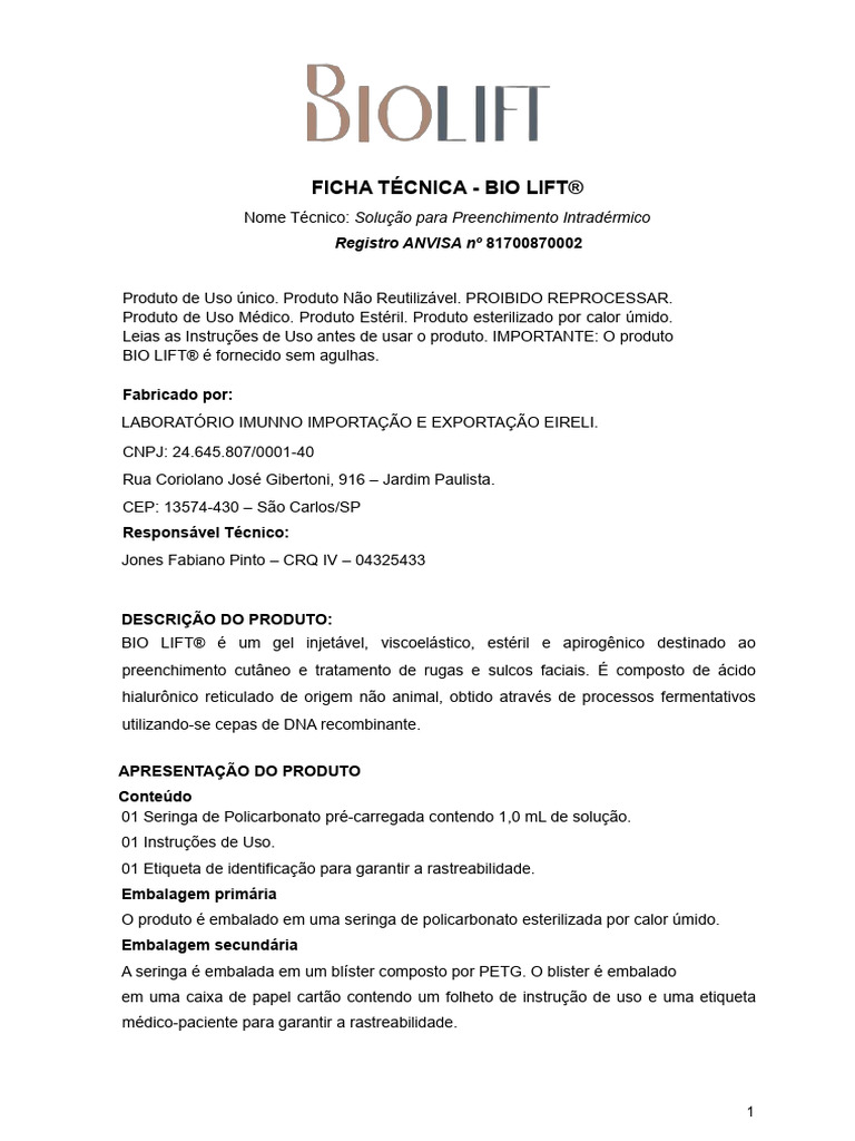 Ficha Tecnica Bio Lift | PDF | Química
