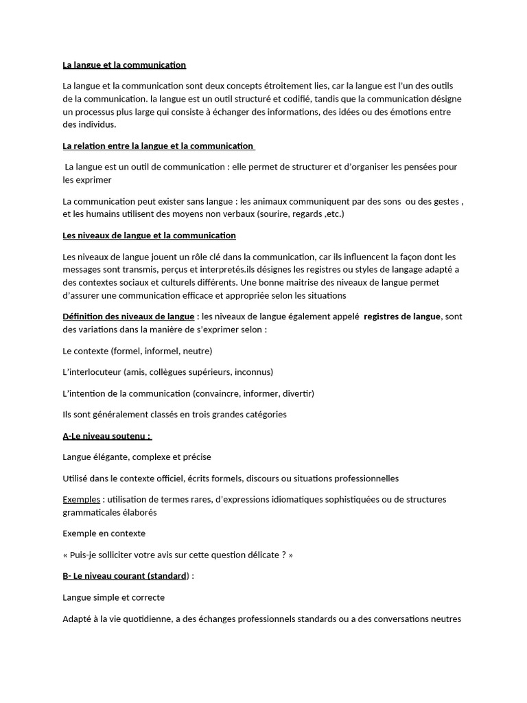 Langue et Communication : Concepts Clés | PDF