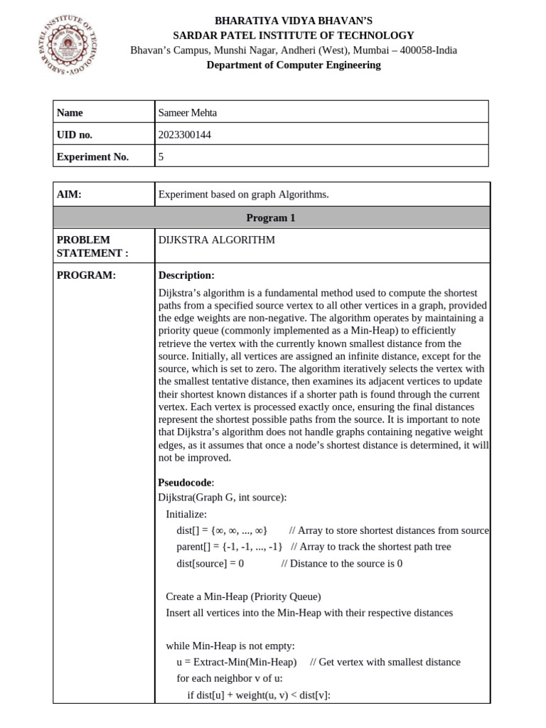 Daa Exp5 - 2023300179 Aarya Rajwade Div C Batch C | PDF | Theoretical Computer Science | Graph ...