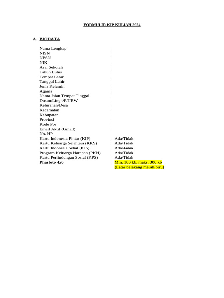 Formulir Kip Kuliah 2024-1 | PDF