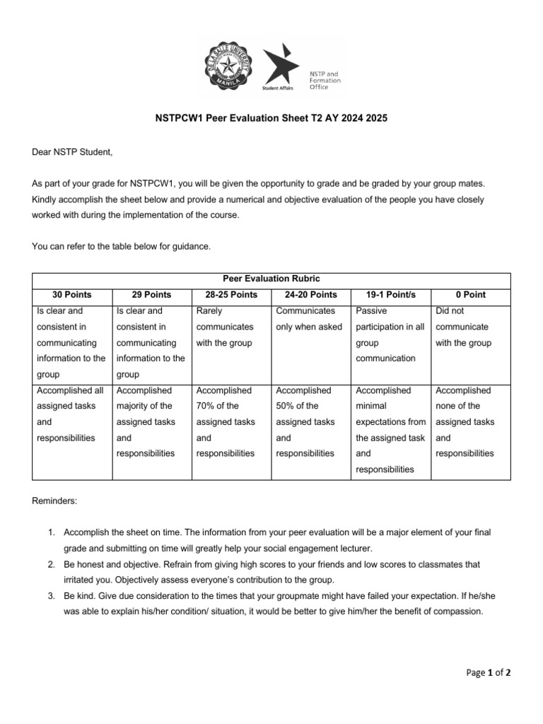Peer Evaluation Sheet T2 | PDF