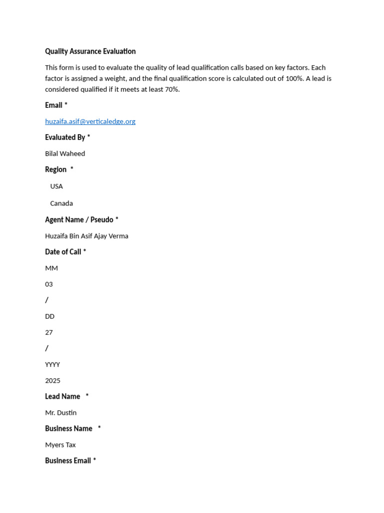 Quality Assurance Evaluation Form 1 | PDF