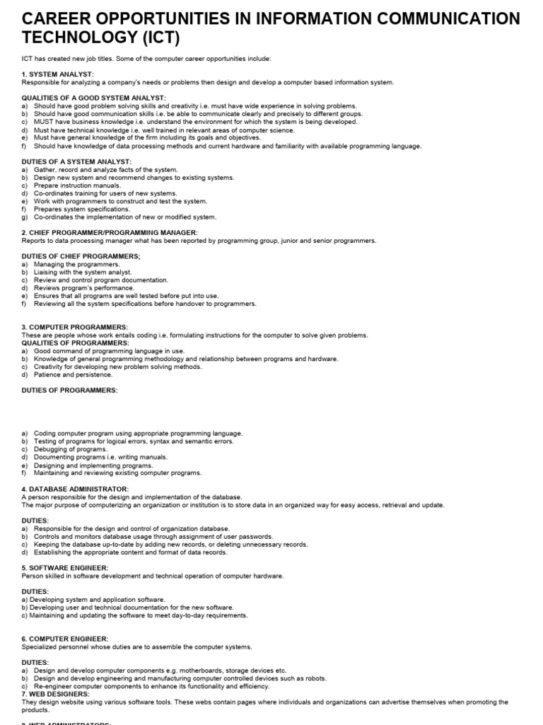 ICT Career Opportunities Explained | PDF | Databases | Computer Program
