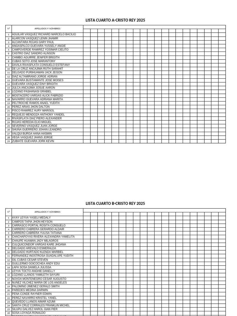 Lista de Alumnos Cuarto Cristo Rey 2025 | PDF