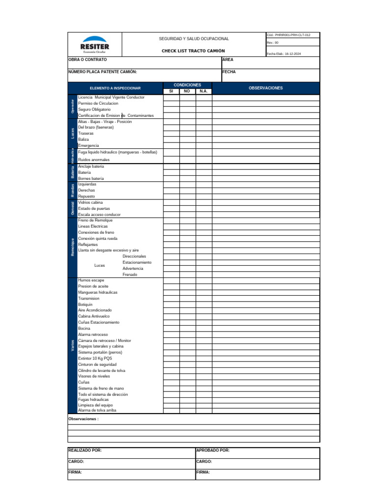 Phrir001-Prh-Clt-012 - Checklist Tracto Camión | PDF | Camión | Coche