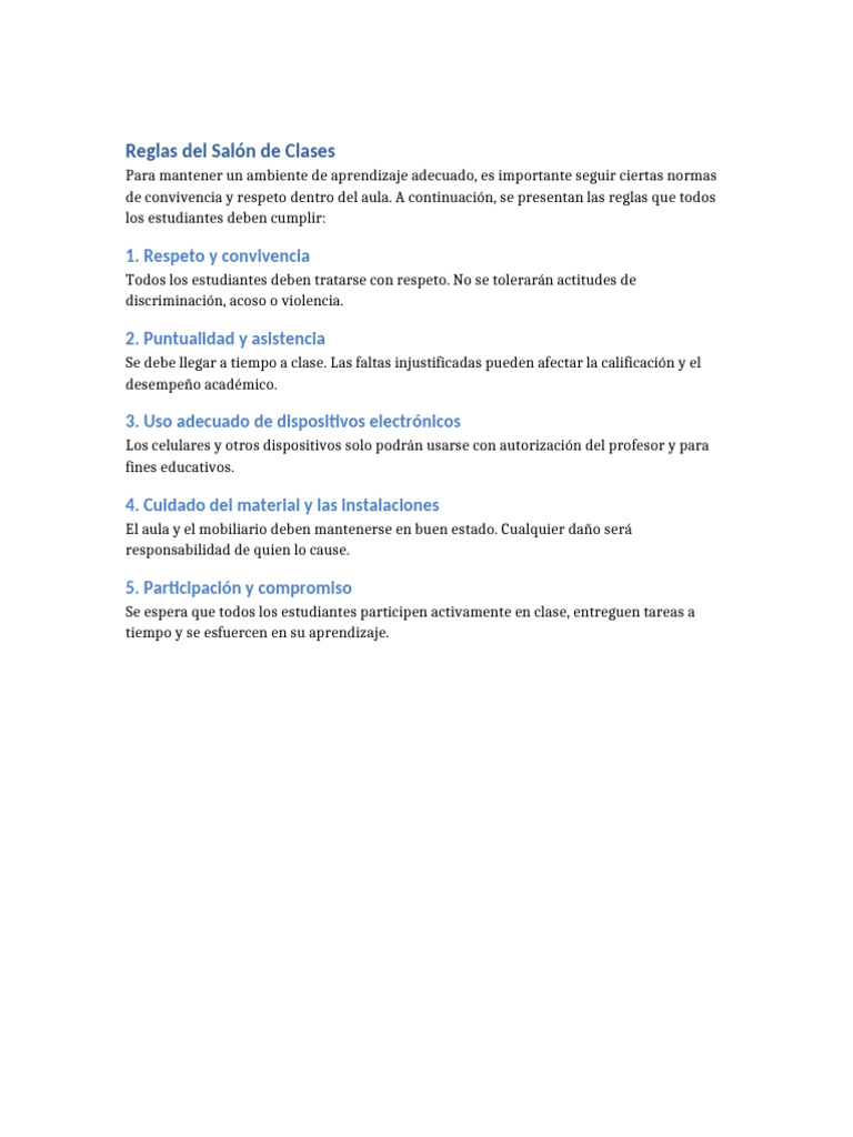 Reglas Salon Clases Bachillerato | PDF