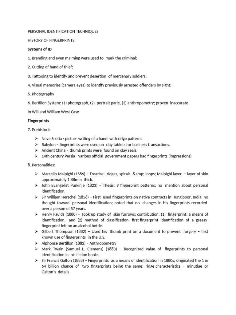 Personal Identification Techniques | PDF | Fingerprint | Hand