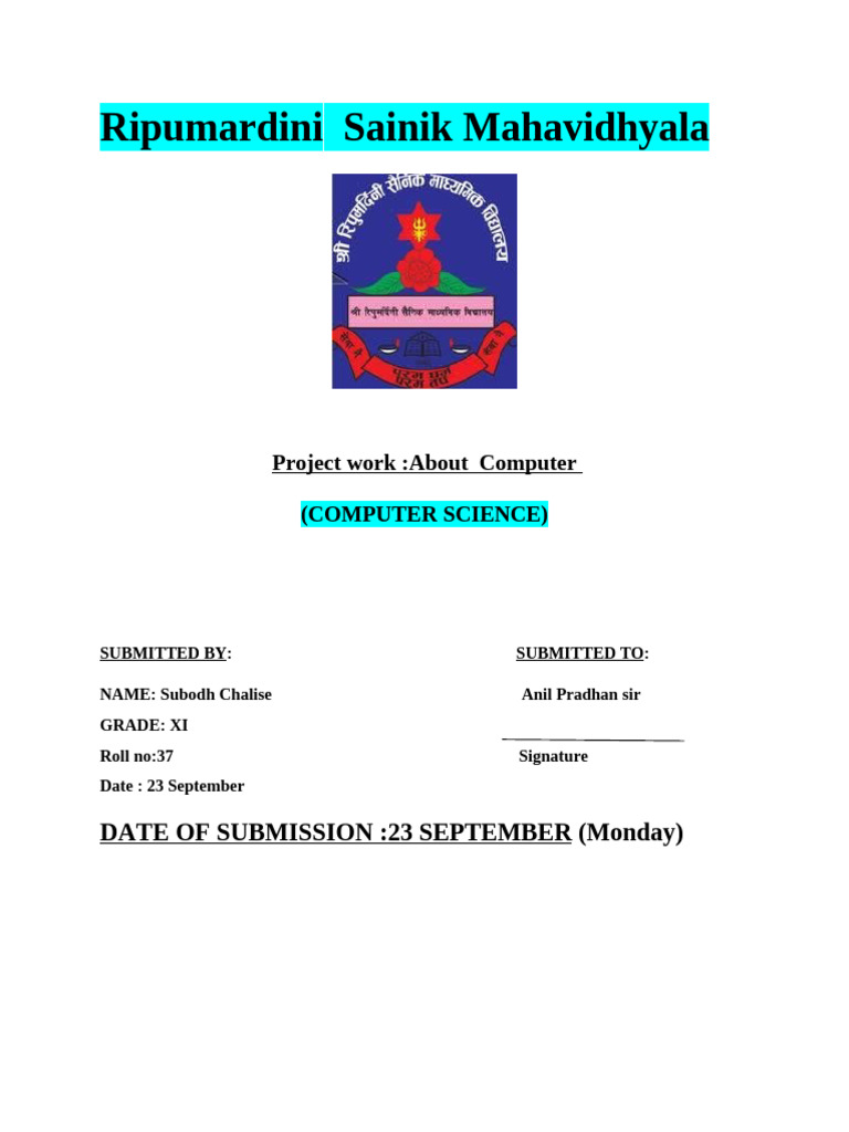 Ripumardini Sainik Project Computer | PDF | Cognition